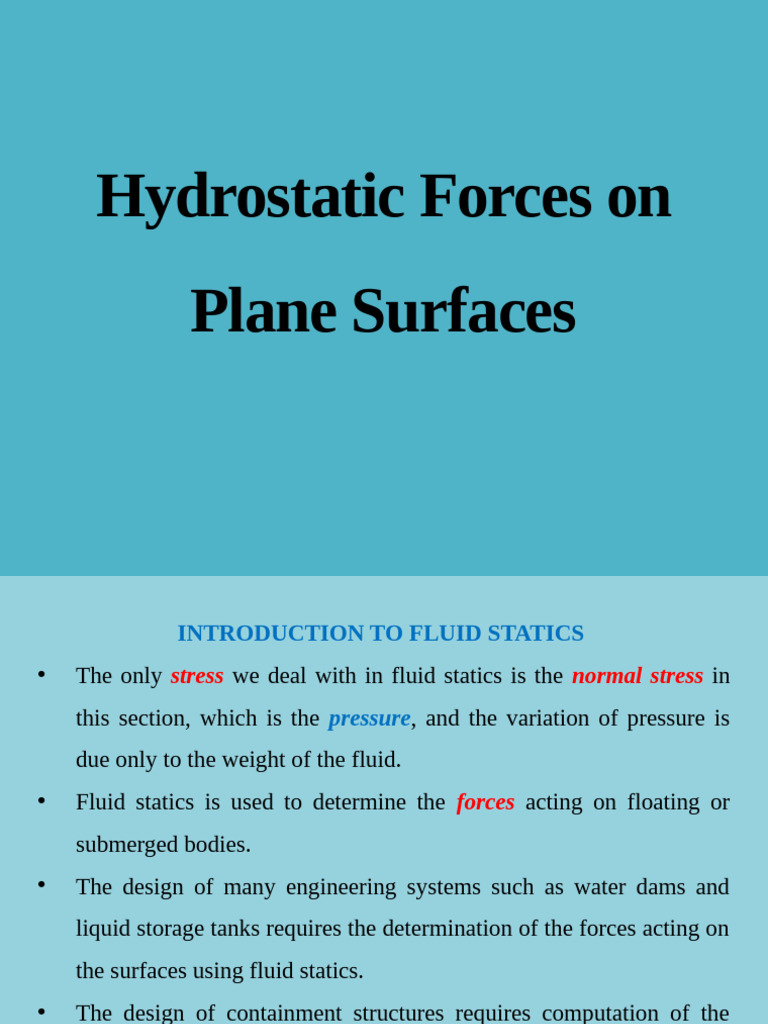 Hydrostatic Force On Plane Surfaces | PDF | Pressure | Stress (Mechanics)