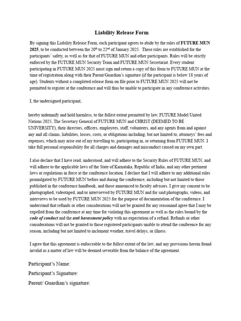 Liability Release Form | PDF | Indemnity | Business Law