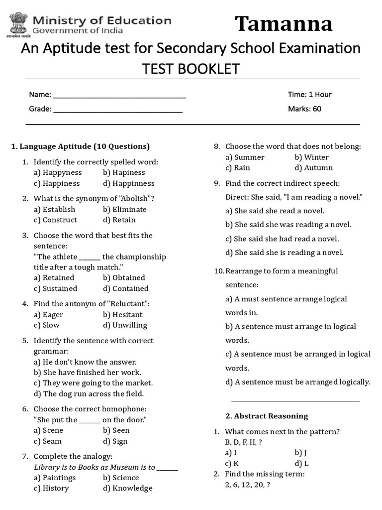 Tamanna Aptitude Test 9th | PDF | Shape | Gear