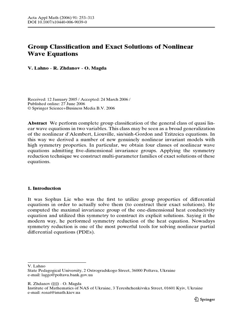 Lahno Et Al - Group Classification and Exact Solutions of Nonlinear Wave Equations - 2006 | PDF ...