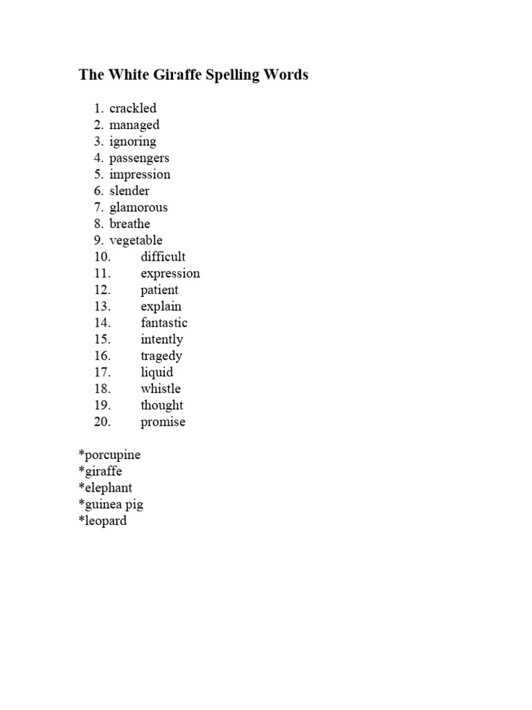 Giraffe Spelling Words List | PDF