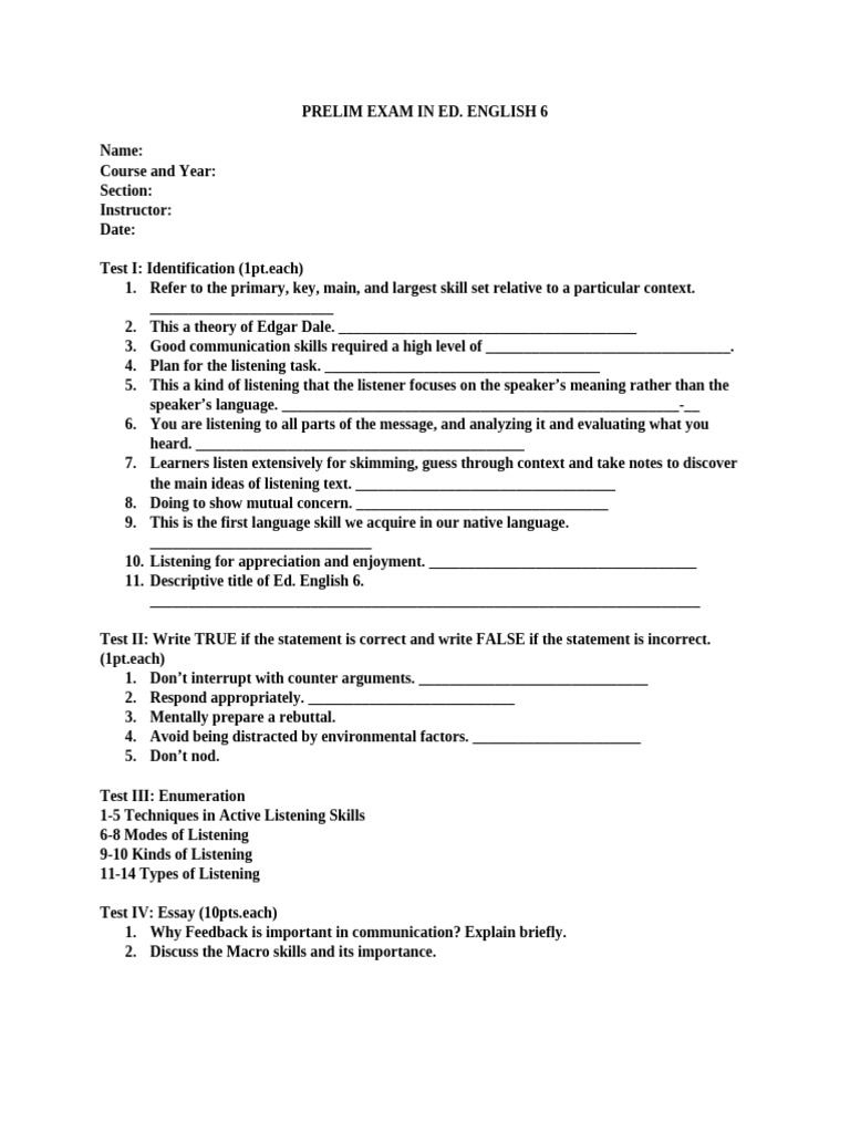 Ed English 6 Preliminary Exam Guide | PDF