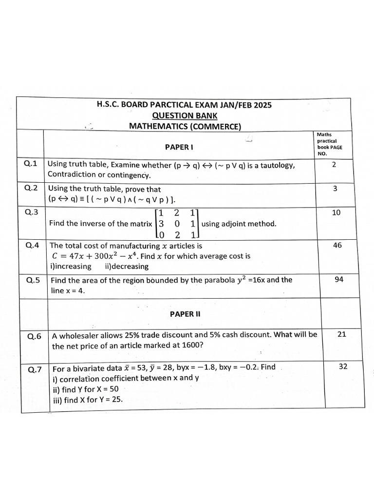 HSC Commerce (Maths) Practical Exam Q.B. and Solution | PDF