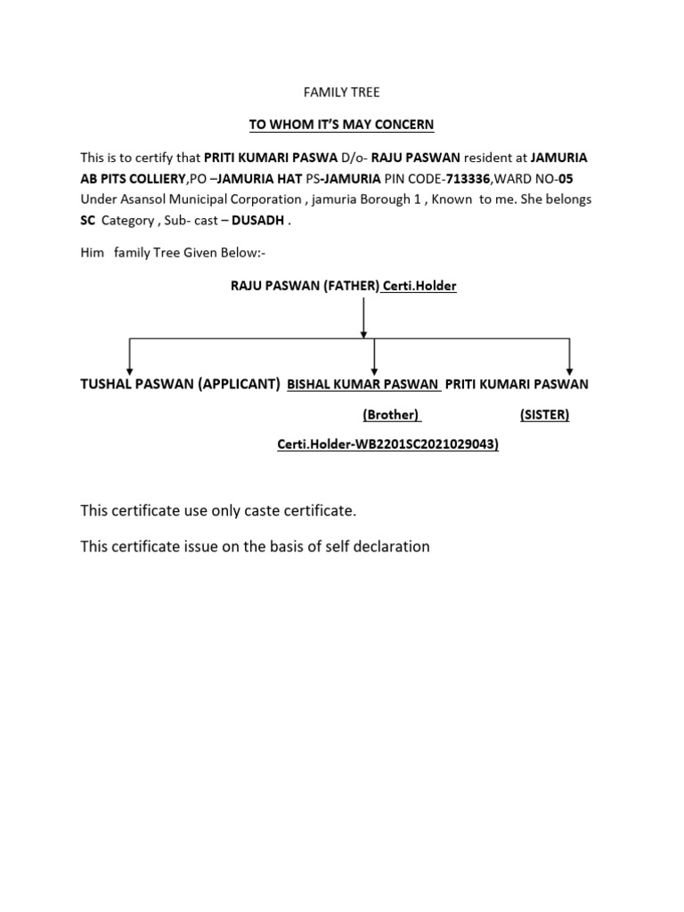 Caste Certificate for Priti Kumari Paswa | PDF