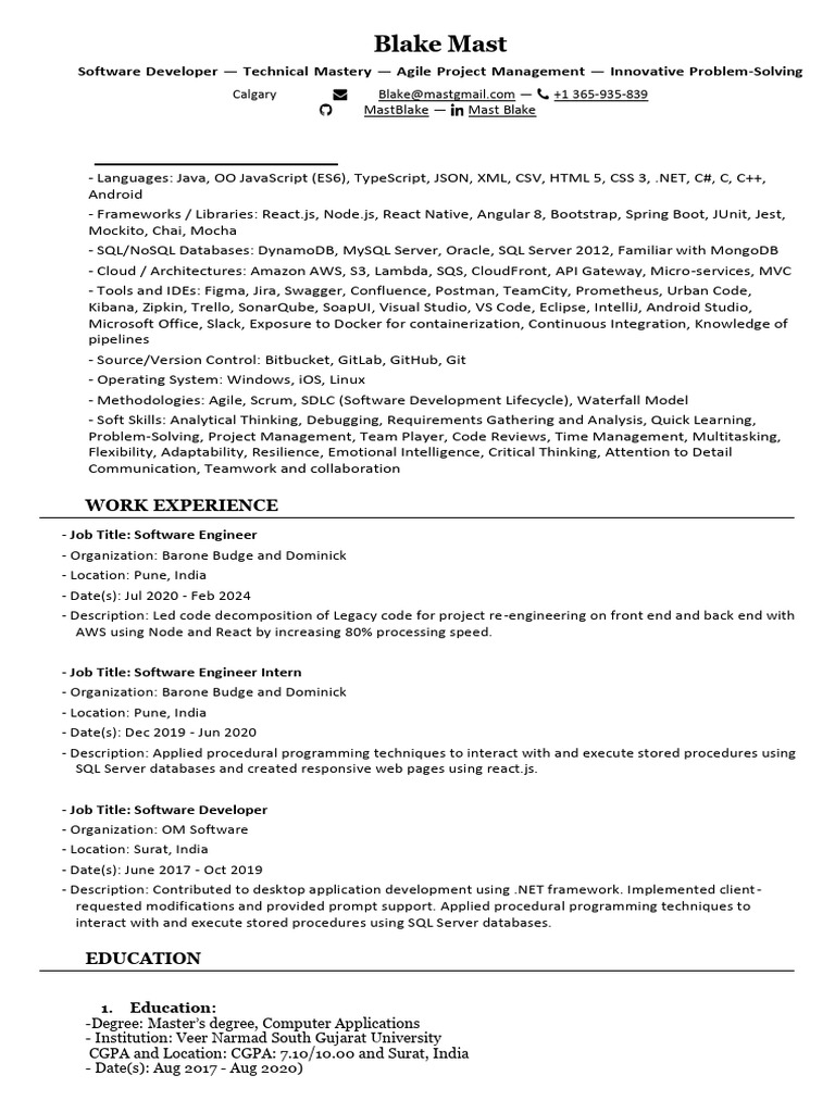 BLAKE MAST-RESUME-SOFTWARE DEVELOPER | PDF | Databases | Microsoft Sql Server