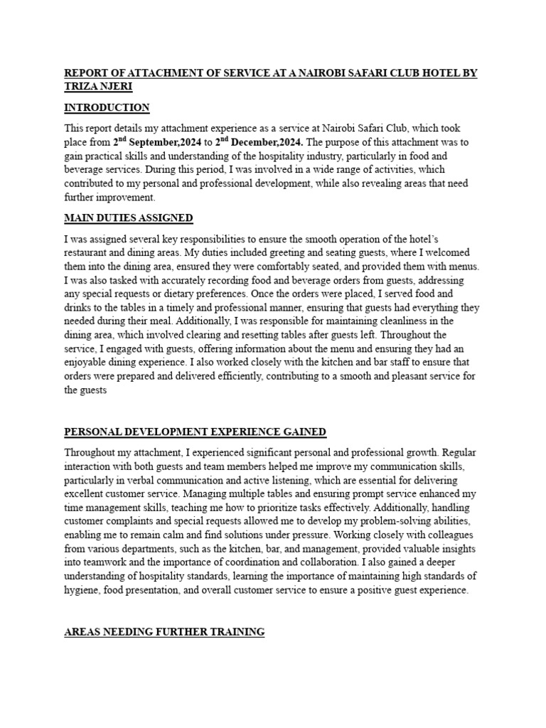 Report of Attachment of Service at A Nairobi Safari Club Hotel by Triza ...