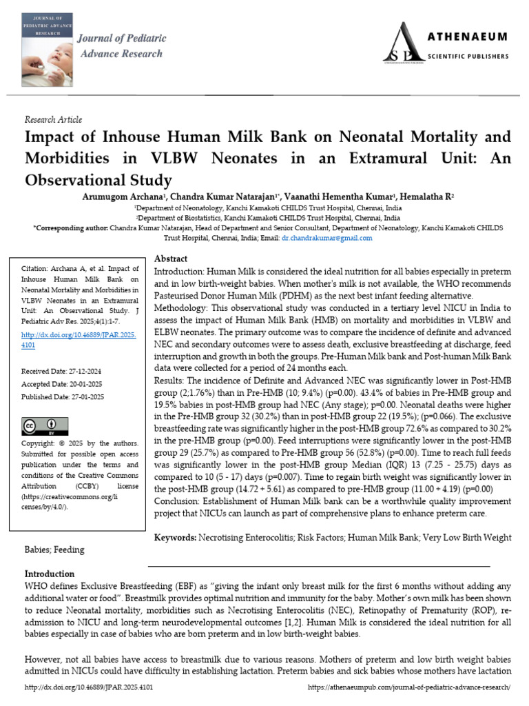 Impact of Inhouse Human Milk Bank On Neonatal Mortality and Morbidities ...