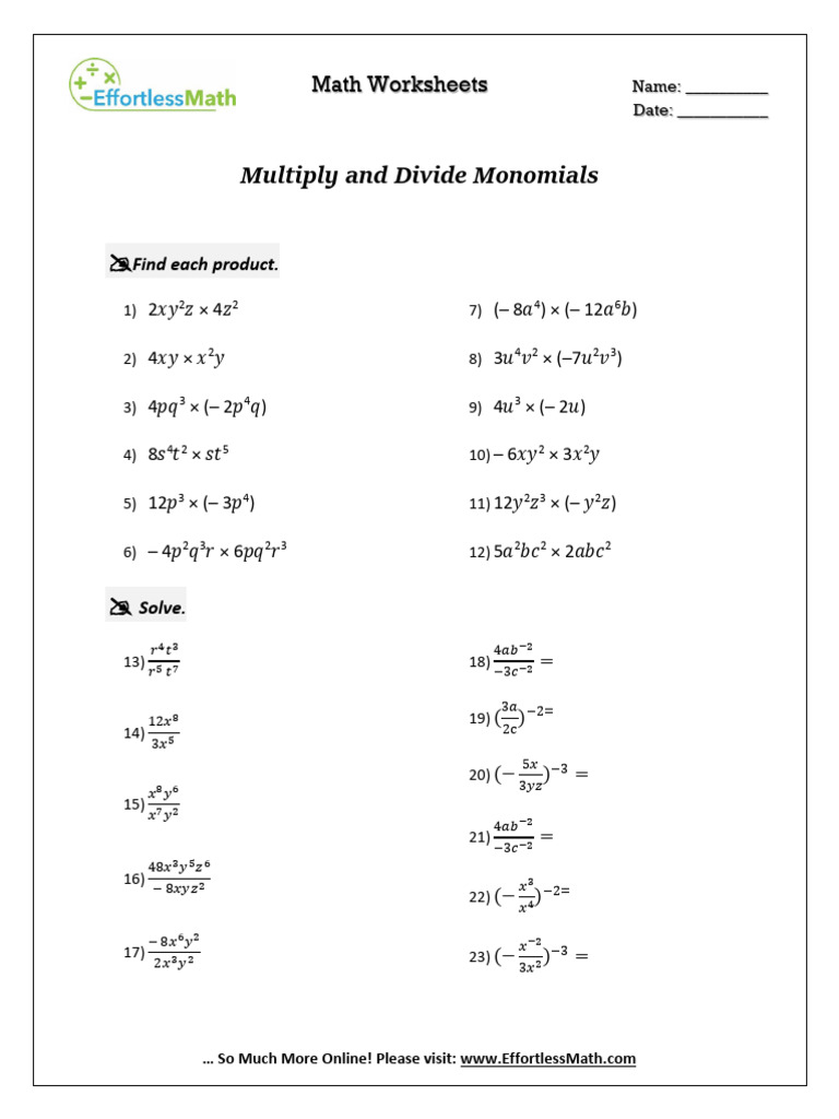 Multiply and Divide Monomials | PDF