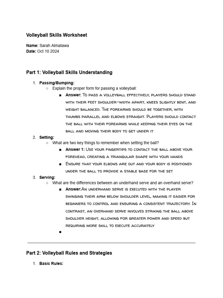 Volleyball Skills Worksheet Answers | PDF | Volleyball | Games Of ...