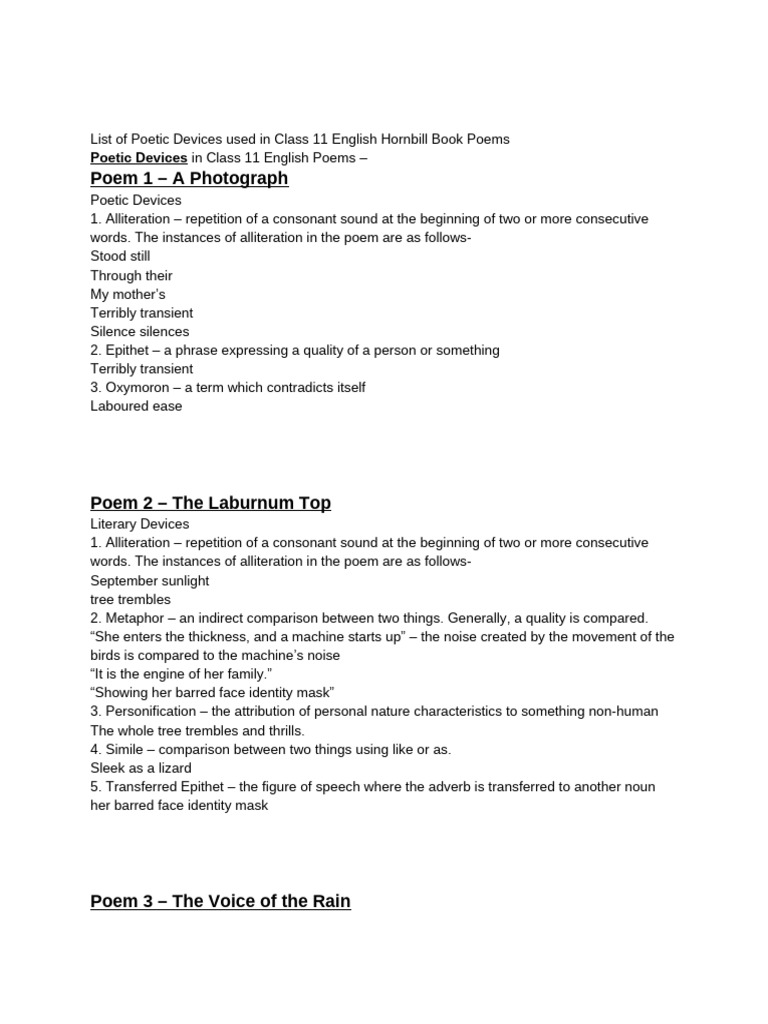 Poetic Devices in Class 11 Hornbill Poems | PDF | Poetry | Metaphor