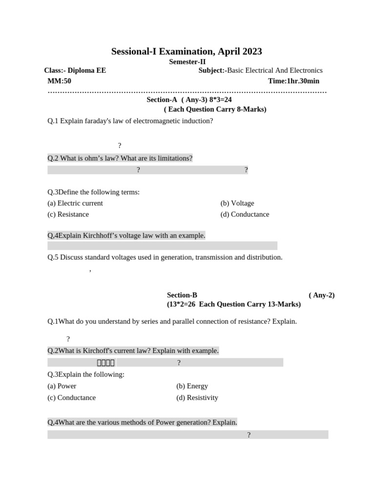 Bee - Question Paper Diploma EE 2nd | PDF