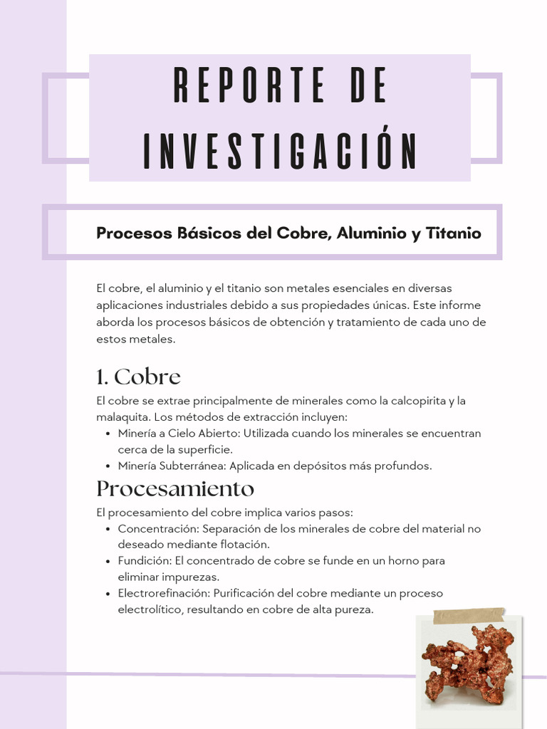 Procesos Básicos Del Cobre, Aluminio y Titanio | PDF | Titanio | Aluminio