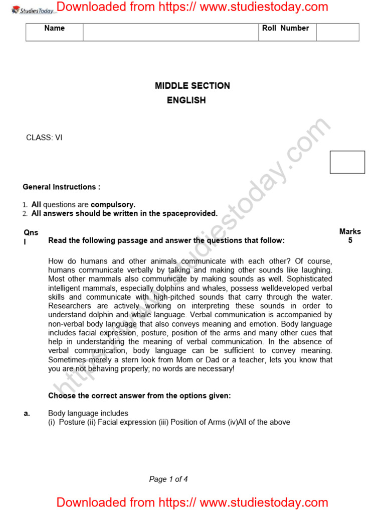 CBSE Class 6 English Question Paper Set 1 Solved | PDF | Body Language ...