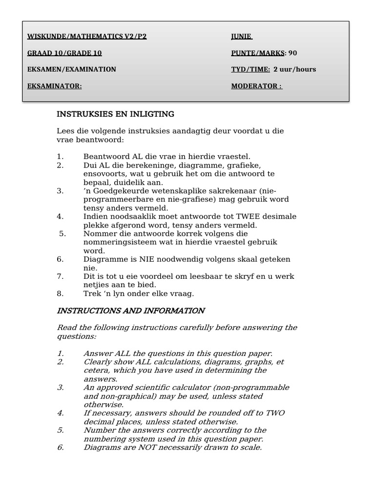Grade 10 Mathematics Exam Paper | PDF