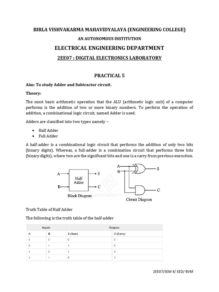 Practical 5 - Adder Subtractor | PDF