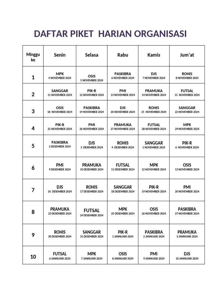 Daftar Piket Harian Organisasi | PDF