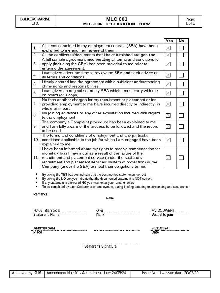 MLC-001 MLC Declaration Form (2022 Amends) | PDF | Contractual Term ...
