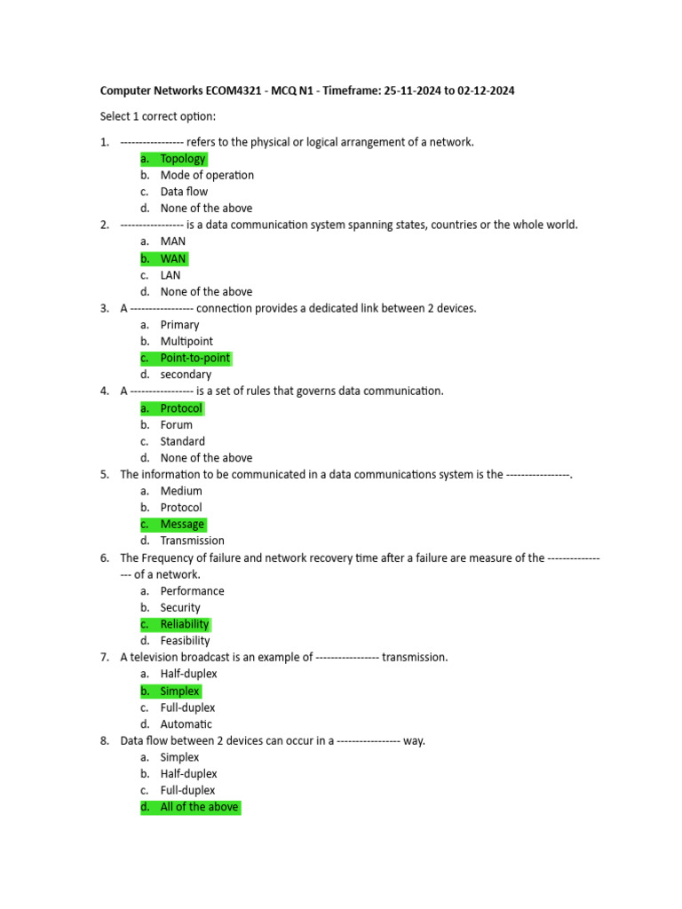 Computer Networks MCQ Exam Guide | PDF | Computer Network | Osi Model