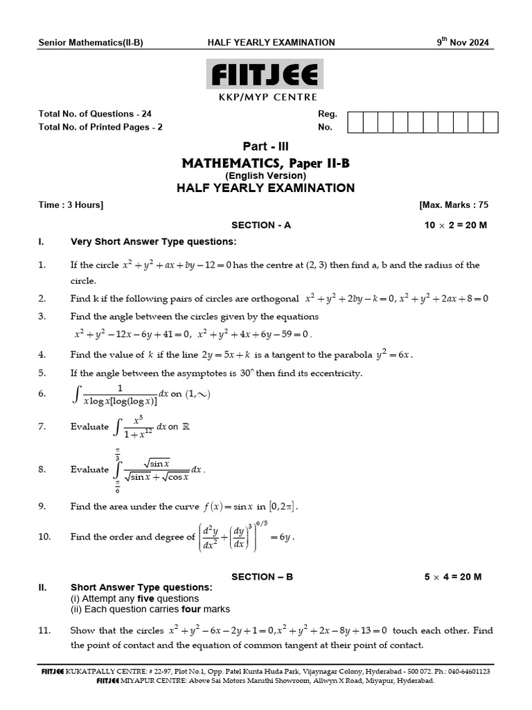 (Final) Sr. MATHS II-B Half Yearly 9.11.24 | PDF | Ellipse | Algebraic Geometry