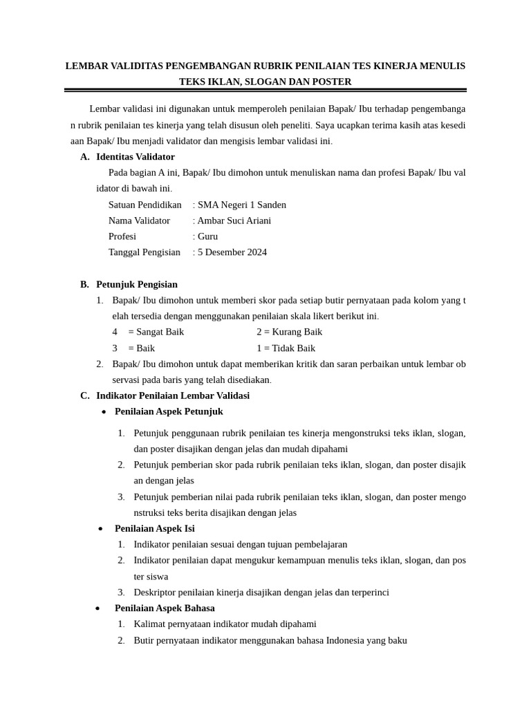 Lembar Validitas Soal Penilaian Kinerja | PDF