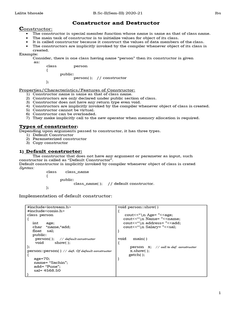04 Constructor and Destructor 20-21 | PDF | Constructor (Object Oriented Programming) | Programming