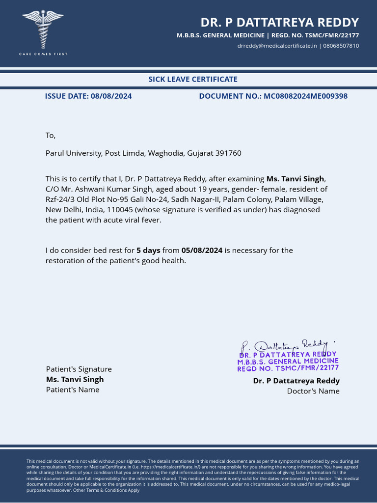 Viral Fever Bed Rest Certificate | PDF | Diseases And Disorders ...