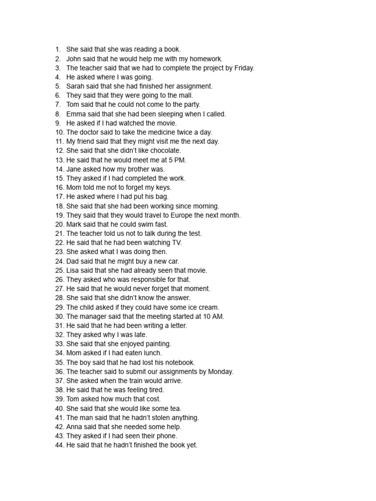 Reported Speech Examples with Answers | PDF