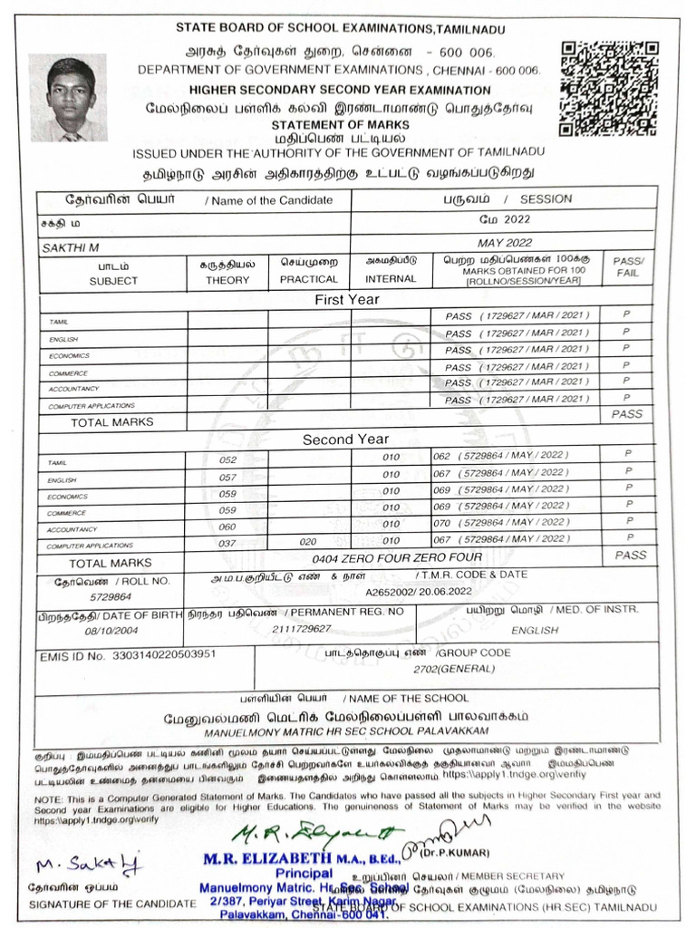 MY 12th Mark Sheet | PDF