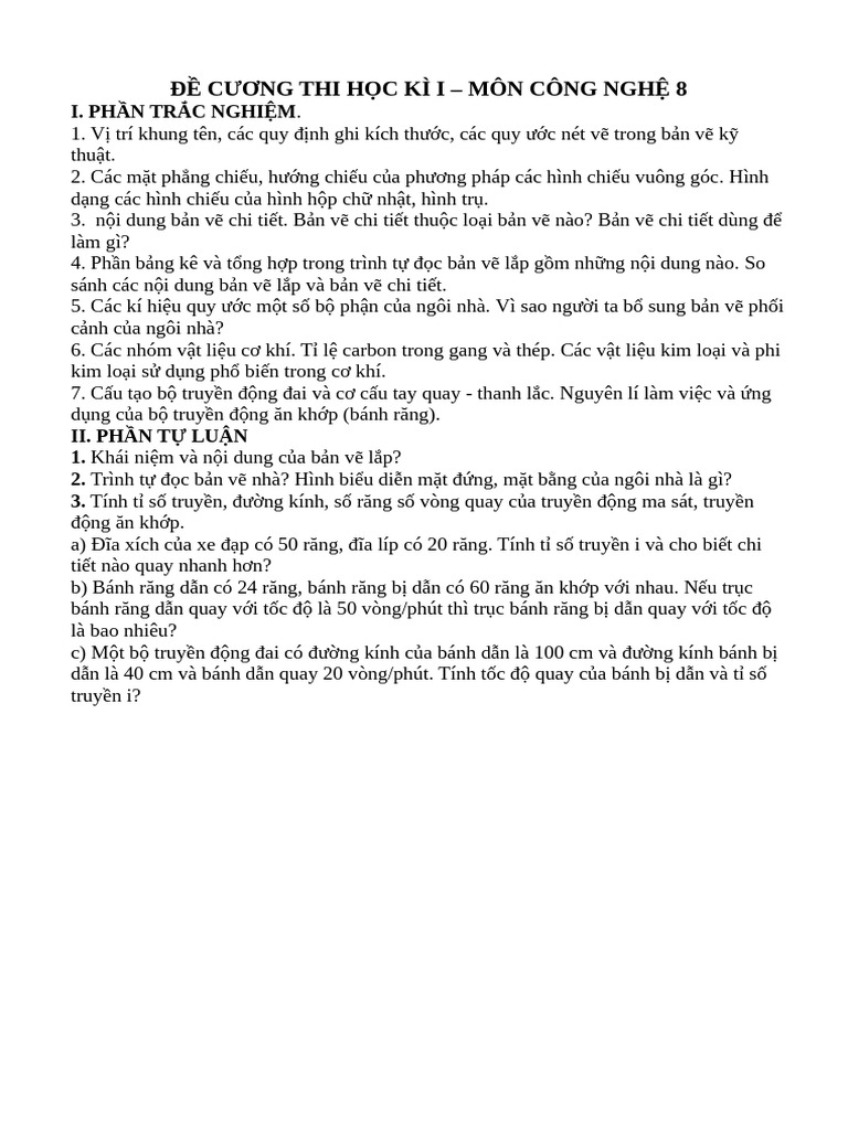 ĐỀ CƯƠNG THI HỌC KÌ I CN8 (2) | PDF