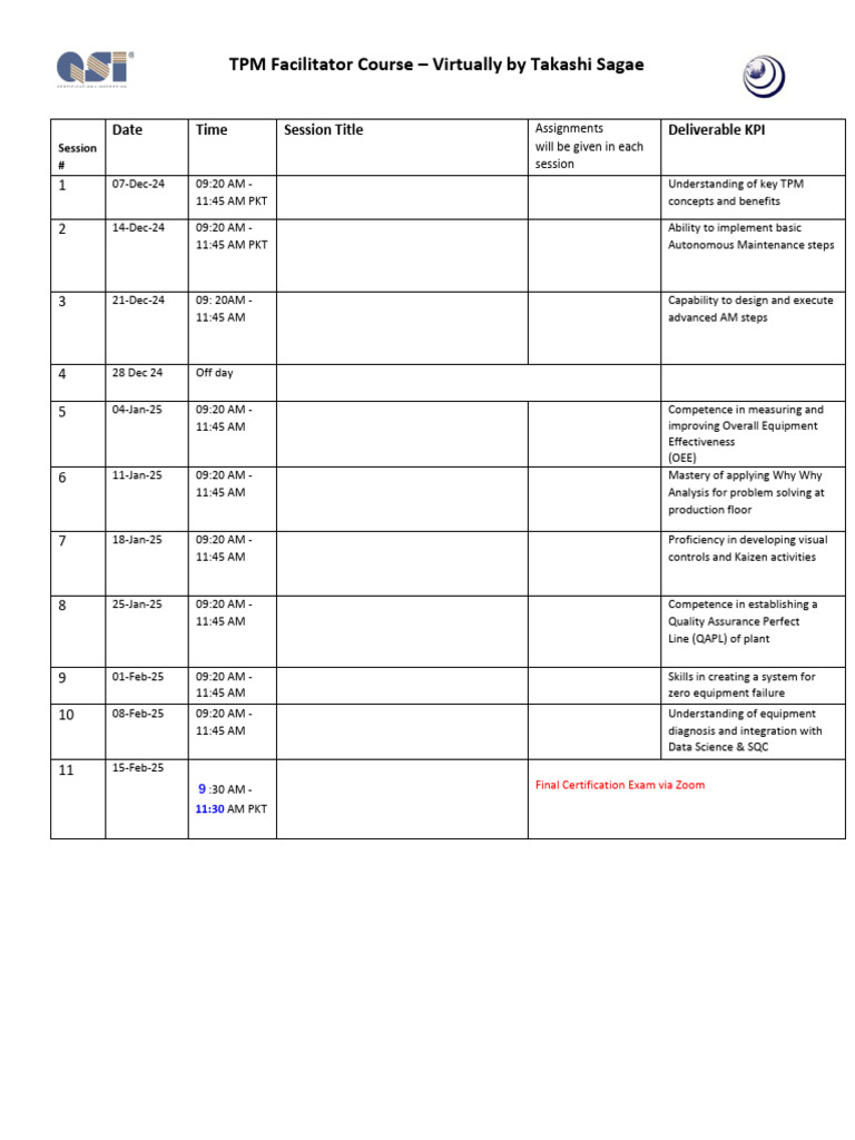 TPM-Course Schedule Pak R3 | PDF | Business