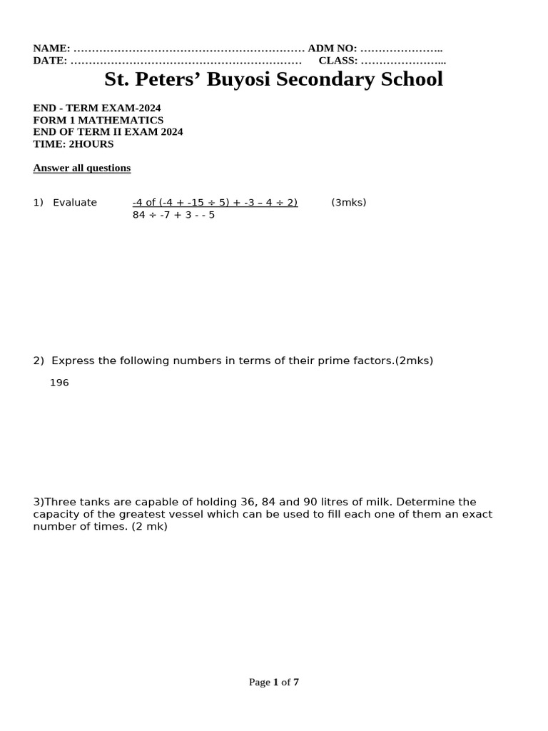 Form 1 Maths End Term 2 | PDF | Area | Geometry
