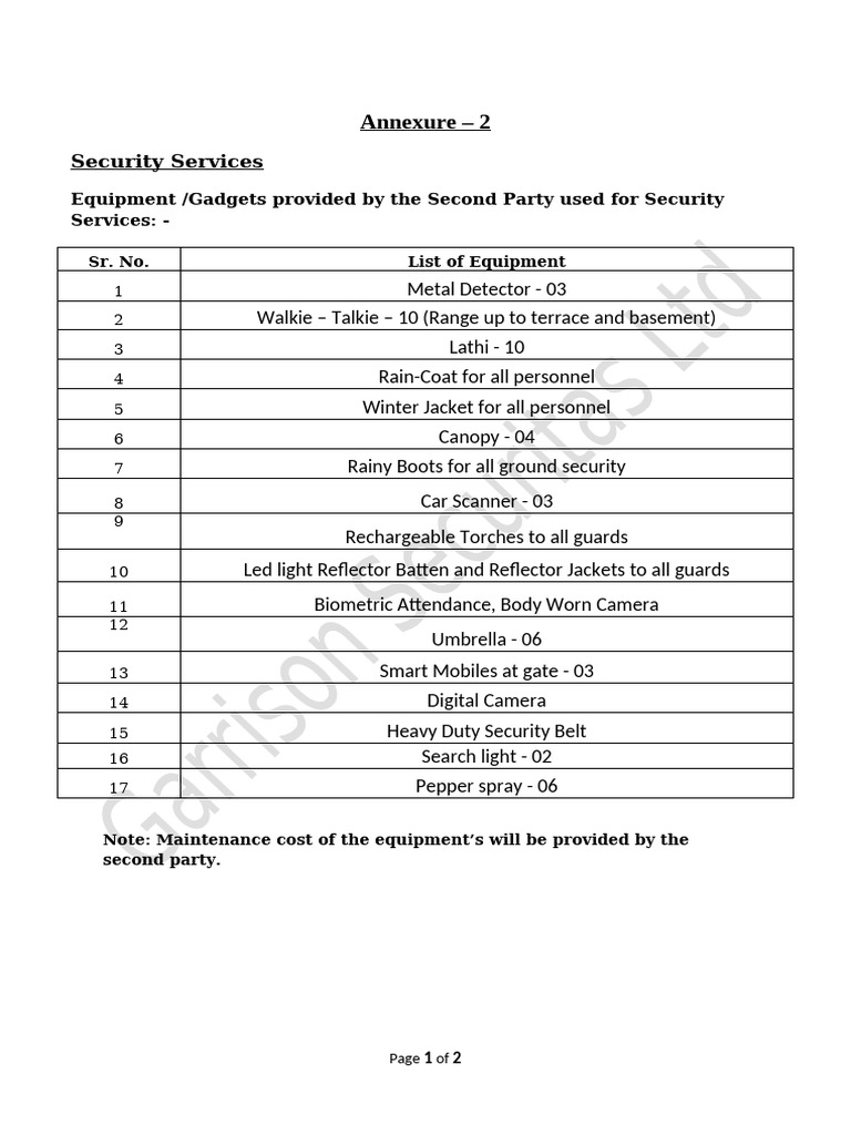 ANNEXURE 2 equipment list-FINAL | PDF