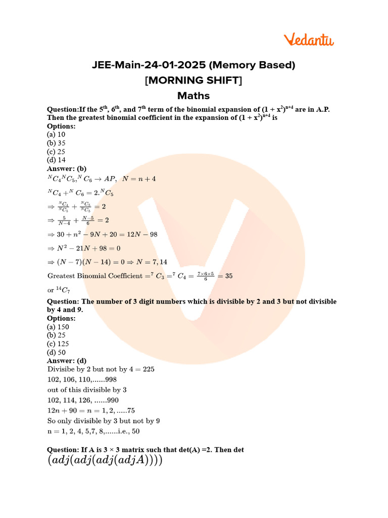 JEE Mains 2025 Jan 24 Shift 1 Question Paper For Maths With Analysis | PDF | Circle | Area