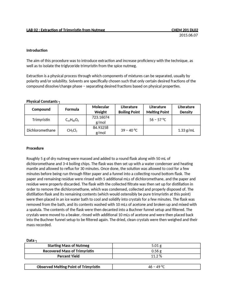Trimyristin Extraction from Nutmeg Lab | PDF | Filtration | Distillation