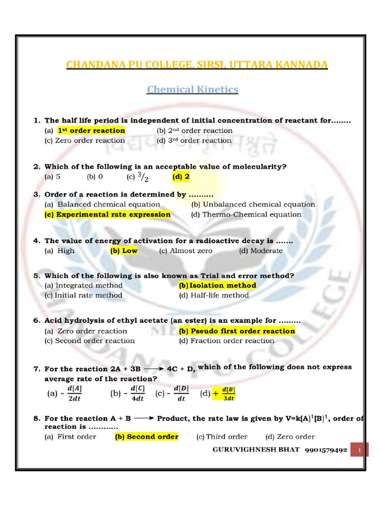 Chemical Kinetics MCQs | PDF