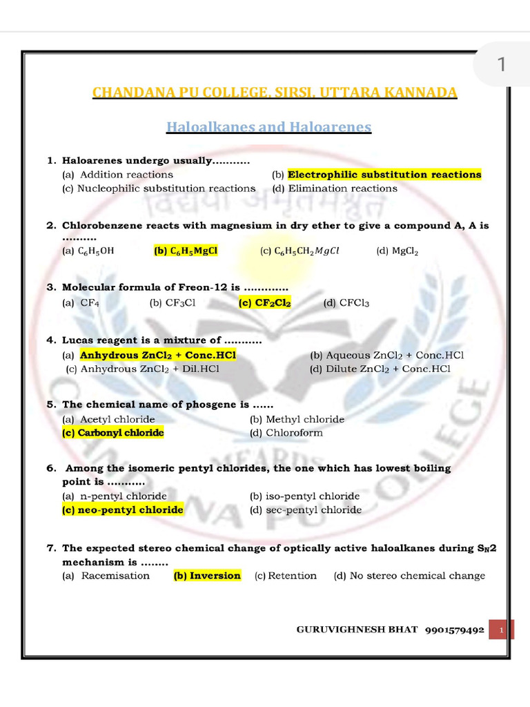 Haloalkanes and Haloarenes MCQs | PDF