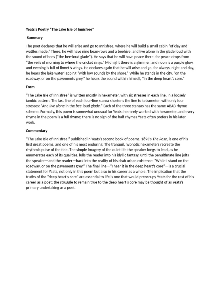 The Lake Isle of Innisfree | PDF | Poetry | W. B. Yeats