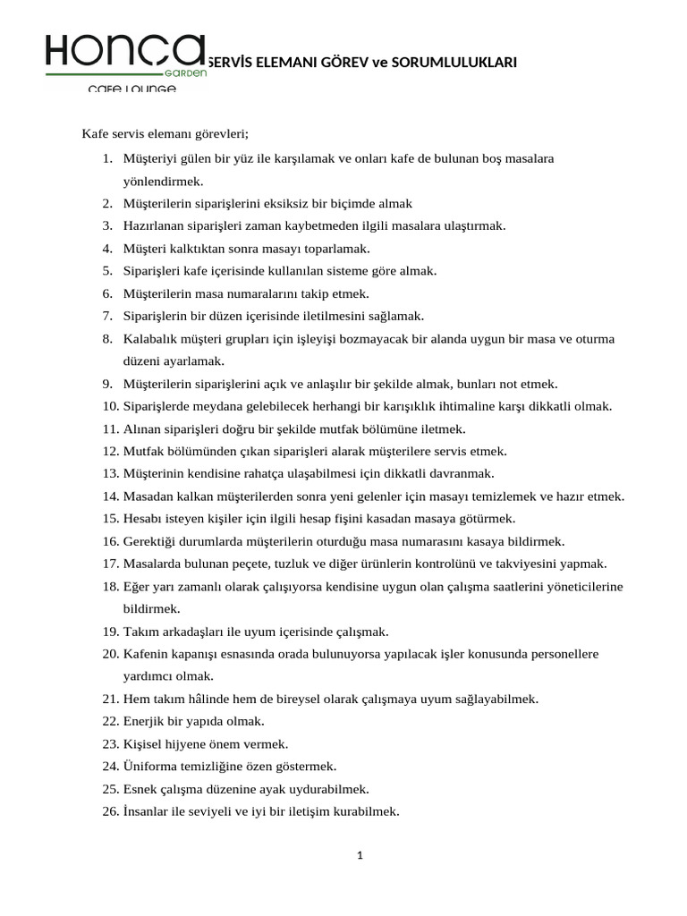 Cafe Servis Elemanı Görevi | PDF