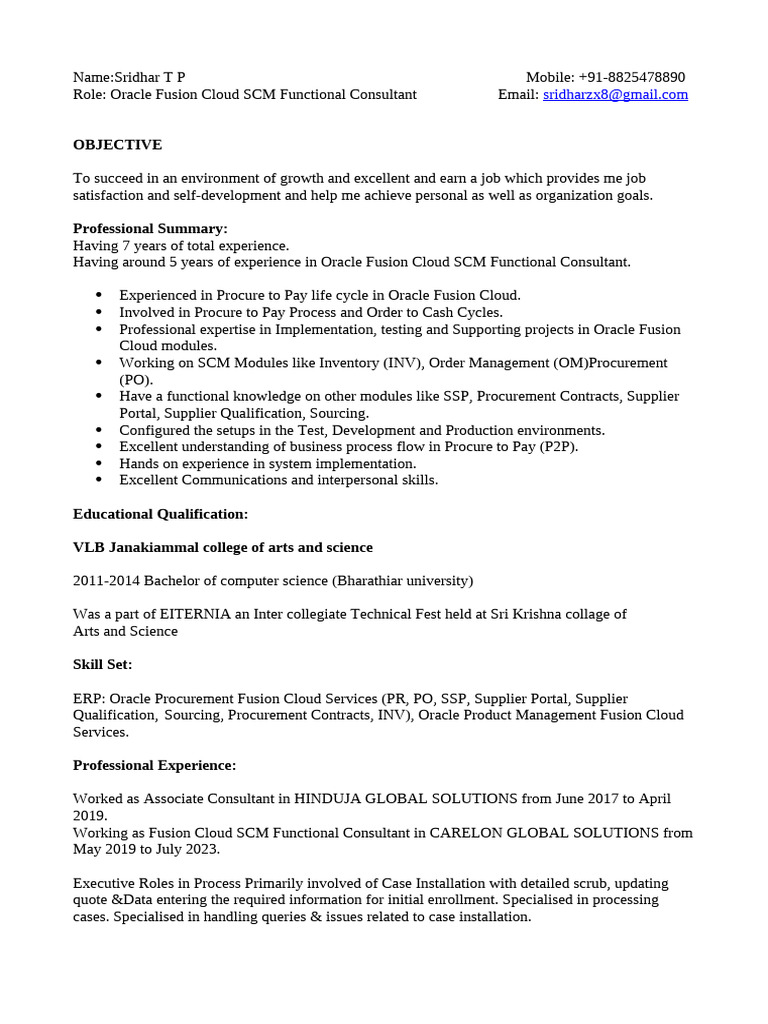 SRIDHAR SCM Functional Consultant | PDF | Supply Chain Management ...