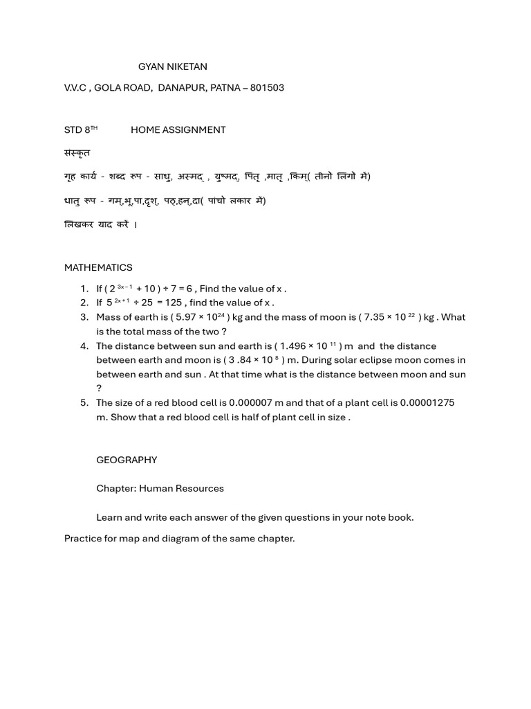 8th Grade Home Assignment: Sanskrit, Math, Geography | PDF