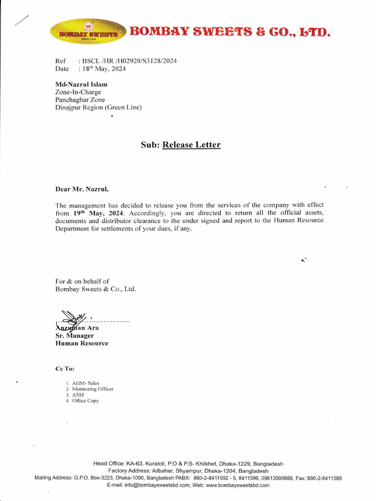 Release Letter - Format | PDF