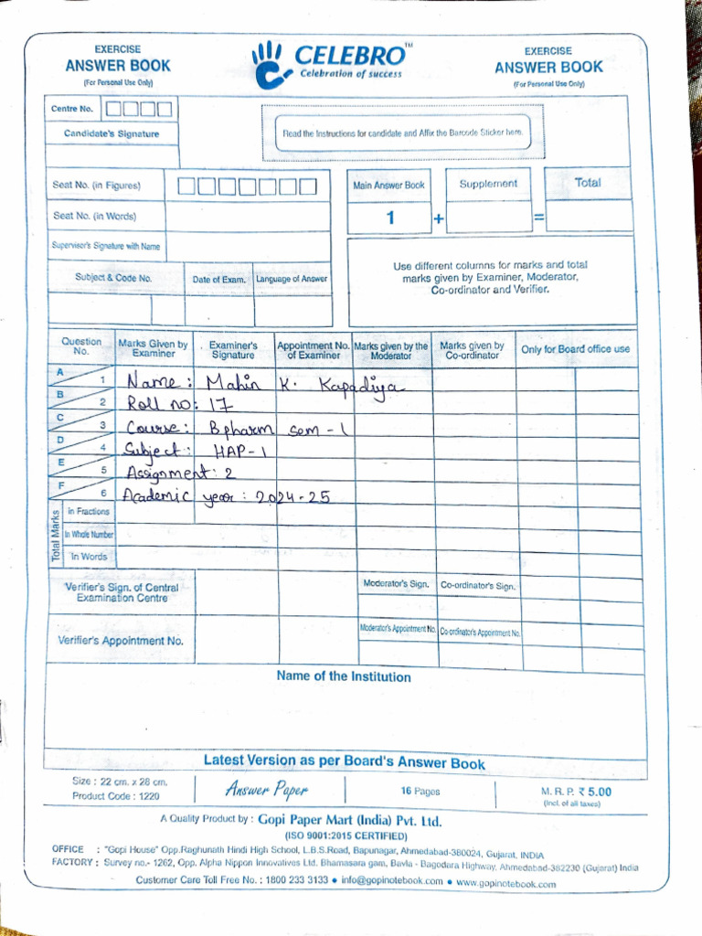 Mahin Kapadiya Roll No 17 Bspsem1 Batch A Human Anatomy Assign2 | PDF