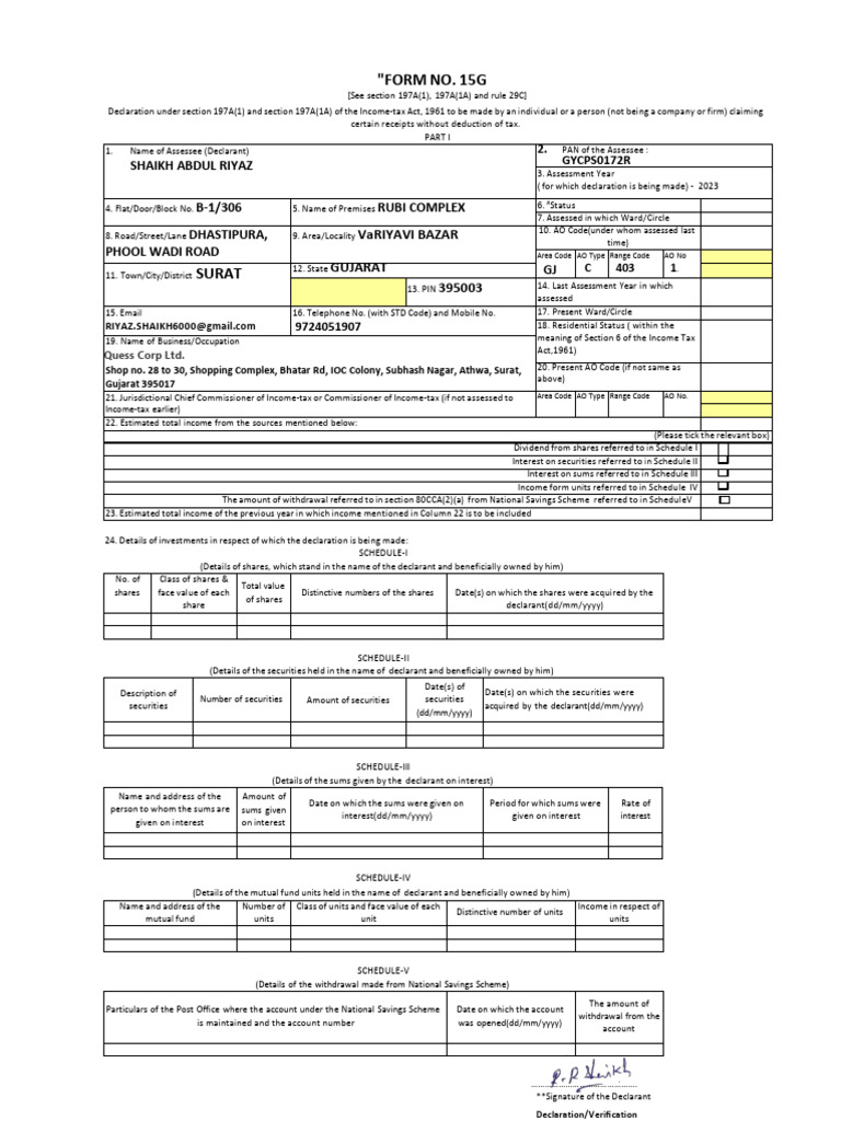 Form 15 G | PDF | Income Tax | Interest