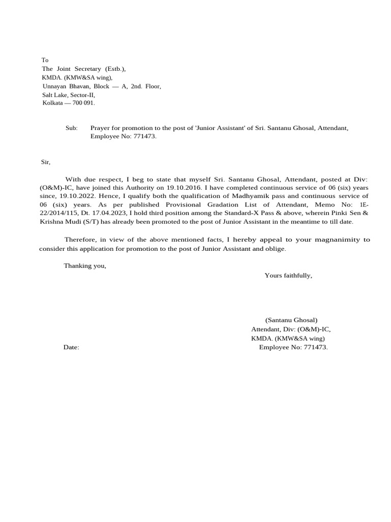 Promotion Request for Junior Assistant | PDF