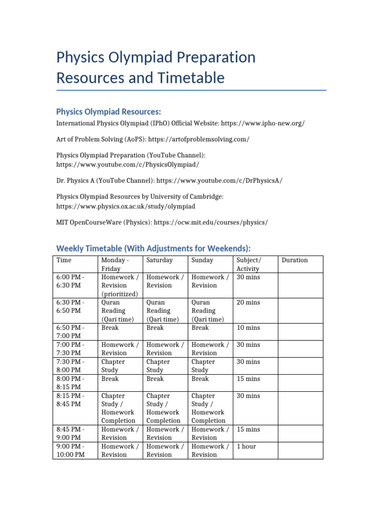 Physics Olympiad Preparation and Timetable Updated v2 | PDF