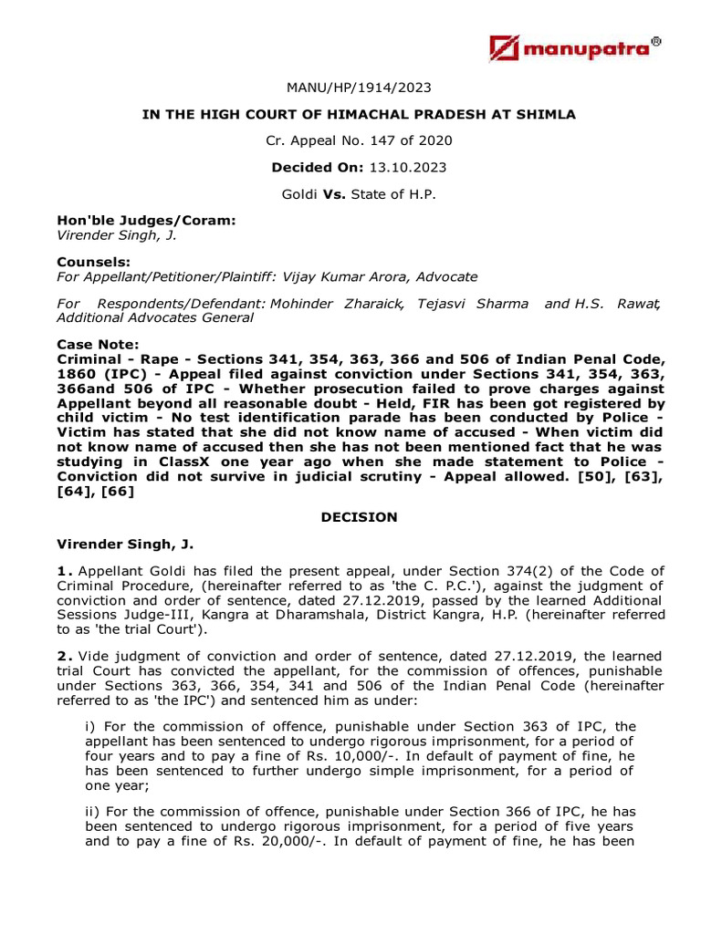 Goldi Vs State of HP 13102023 HPHCHP2023251023161155119COM224505 | PDF ...