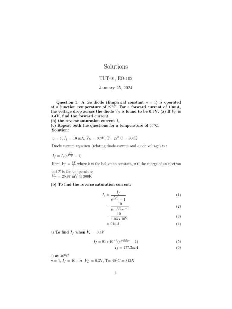 EO102 Tutorial 1 Solution | PDF | Diode | Electrical Circuits