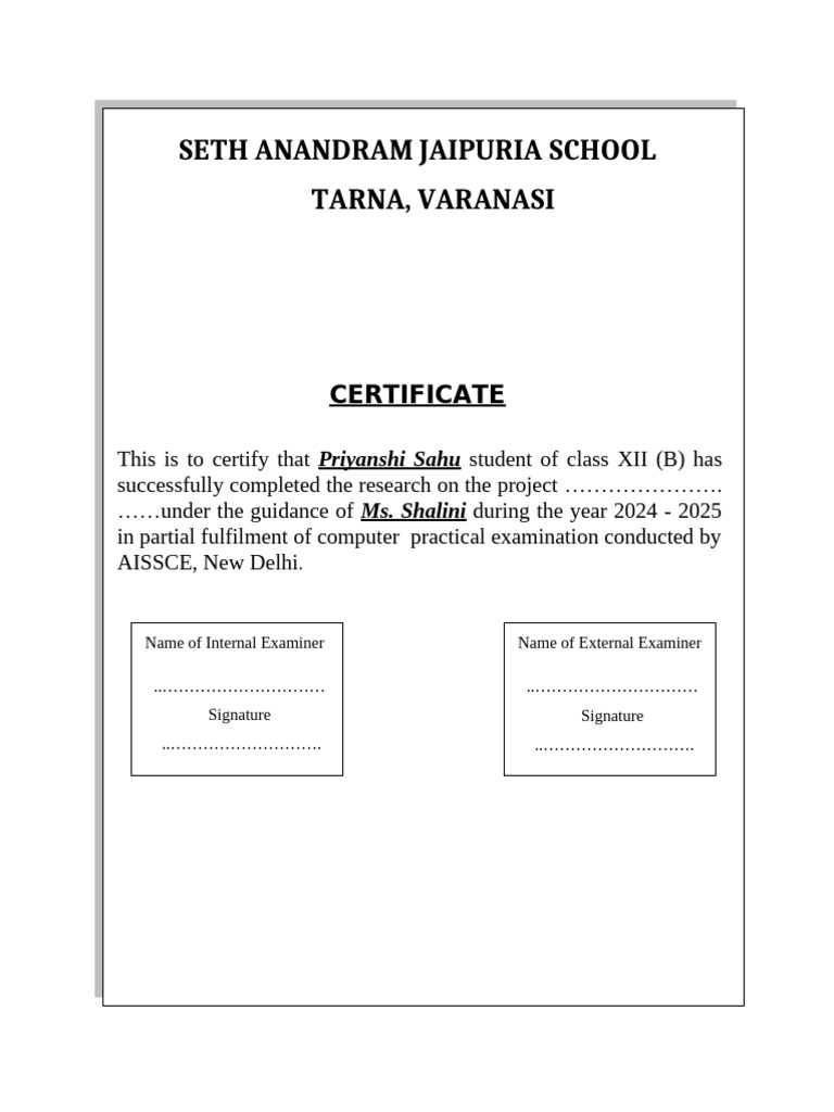 Class XII Research Project Certificate | PDF