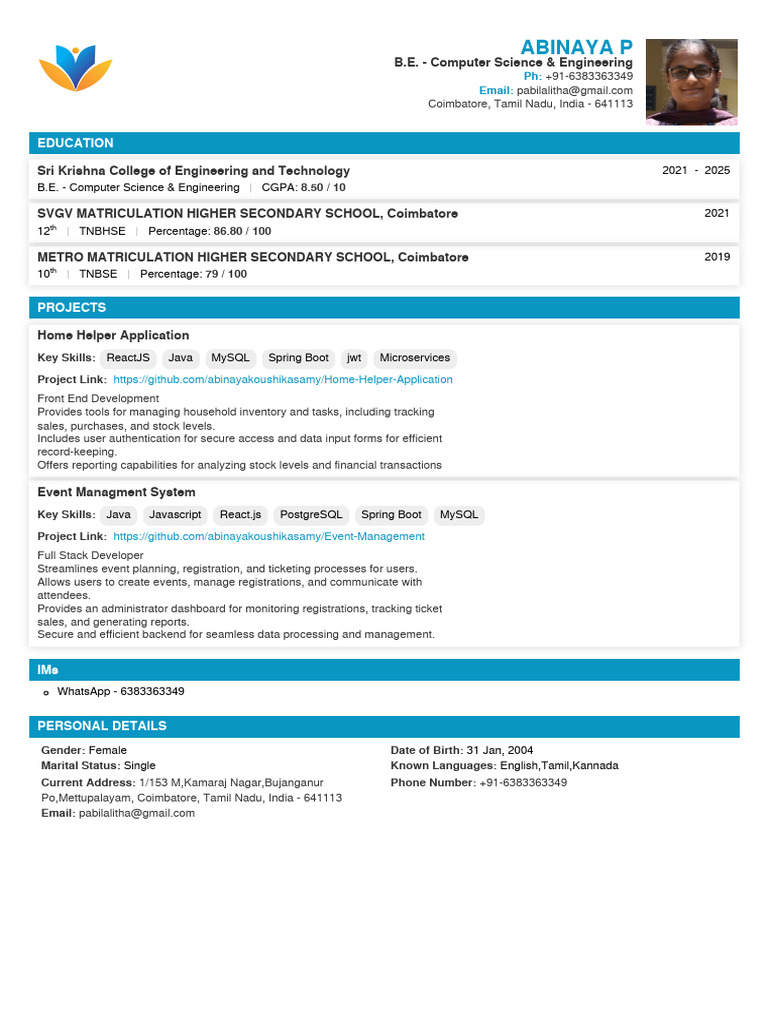 ABINAYA P B.E. ComputerScience&Engineering 2025 01 12 07 12 10 343294 | PDF | Computing ...