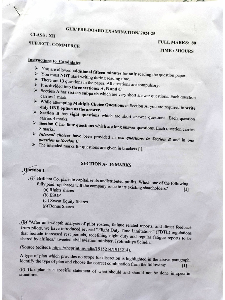 Commerce Pre Boards Paper | PDF